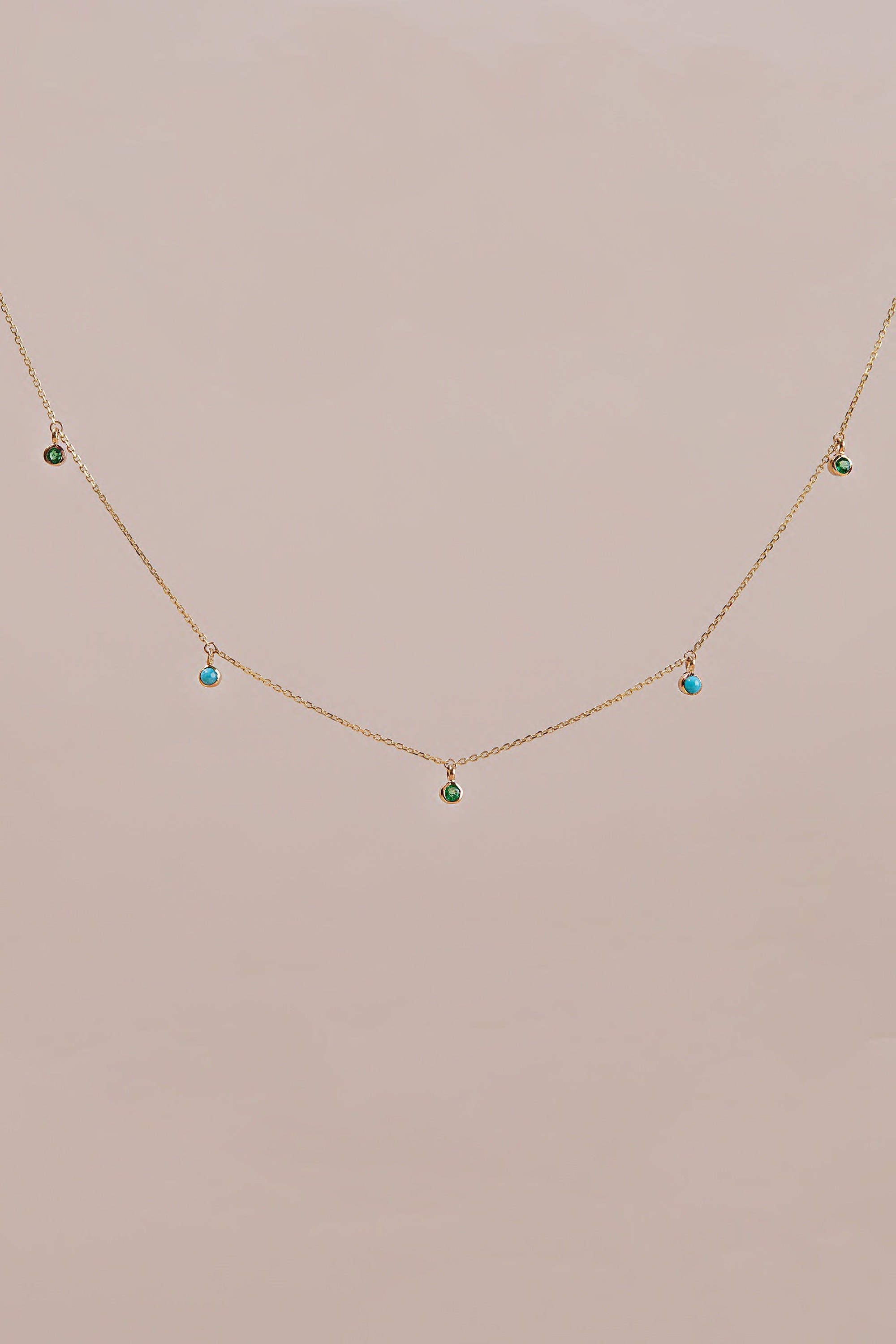 EVERGREEN EMERALD AND TURQUOISE CHARMED NECKLACE – AURUM + GREY